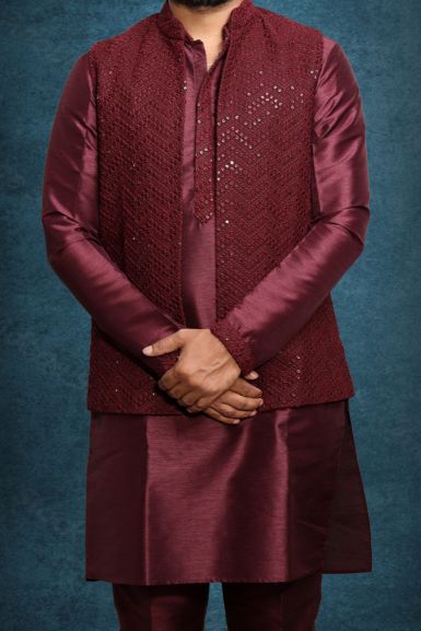 Brownish Maroon Chikankari Kutha Pyjama with Detailed Sleeveless Jacket