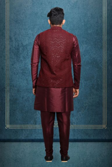 Brownish Maroon Chikankari Kutha Pyjama with Detailed Sleeveless Jacket