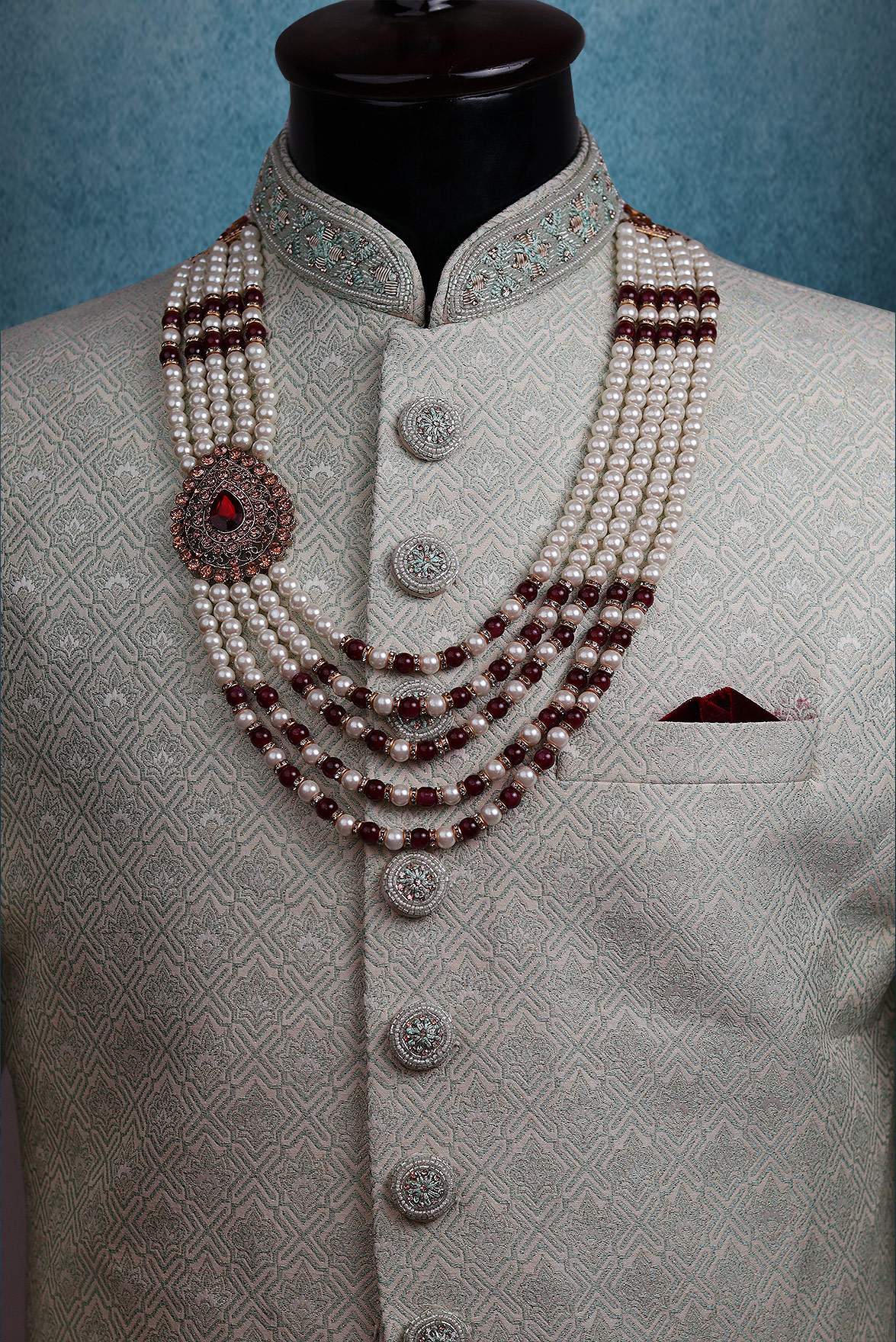 White and Red Pearl layered Chain With Side Locket