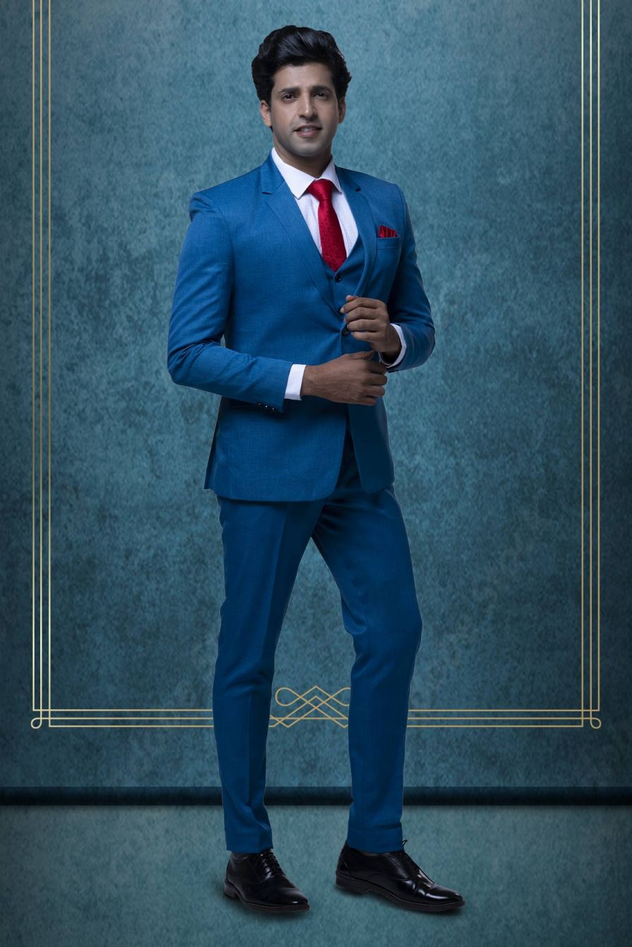 3 Pcs Suiting In Peacock Blue Mat Finish Suit