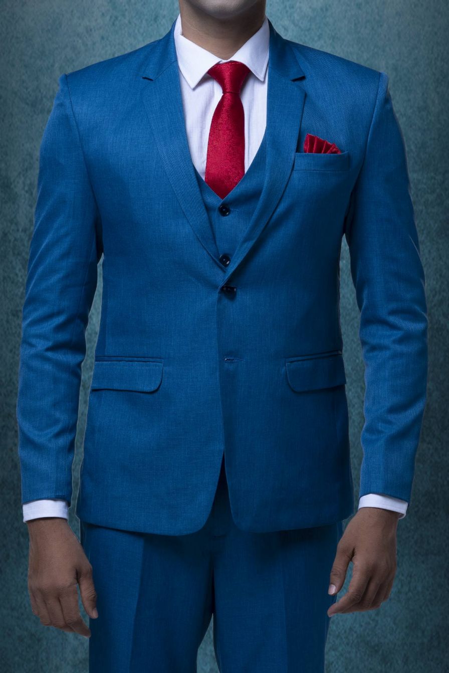 3 Pcs Suiting In Peacock Blue Mat Finish Suit