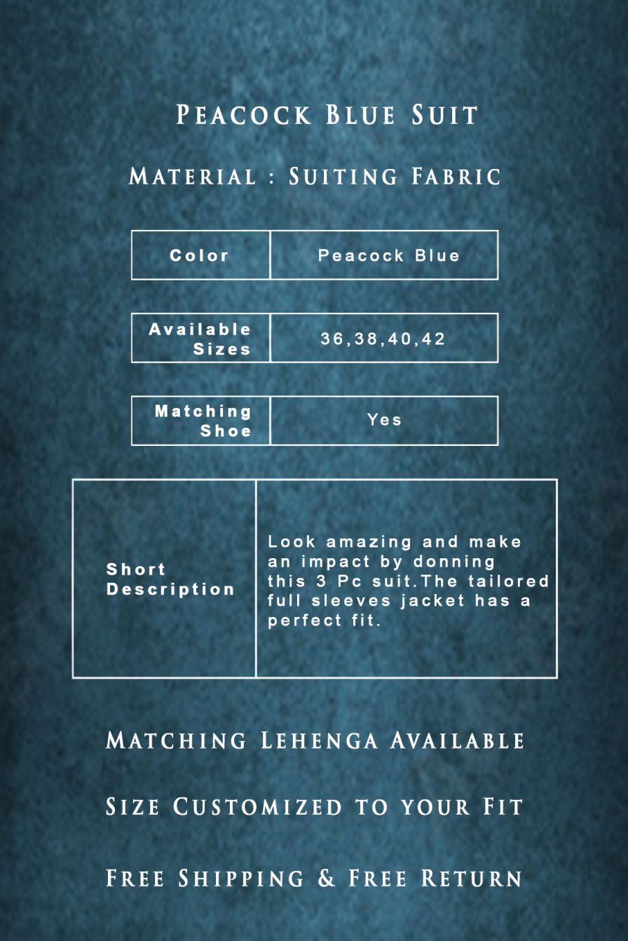 3 Pcs Suiting In Peacock Blue Mat Finish Suit