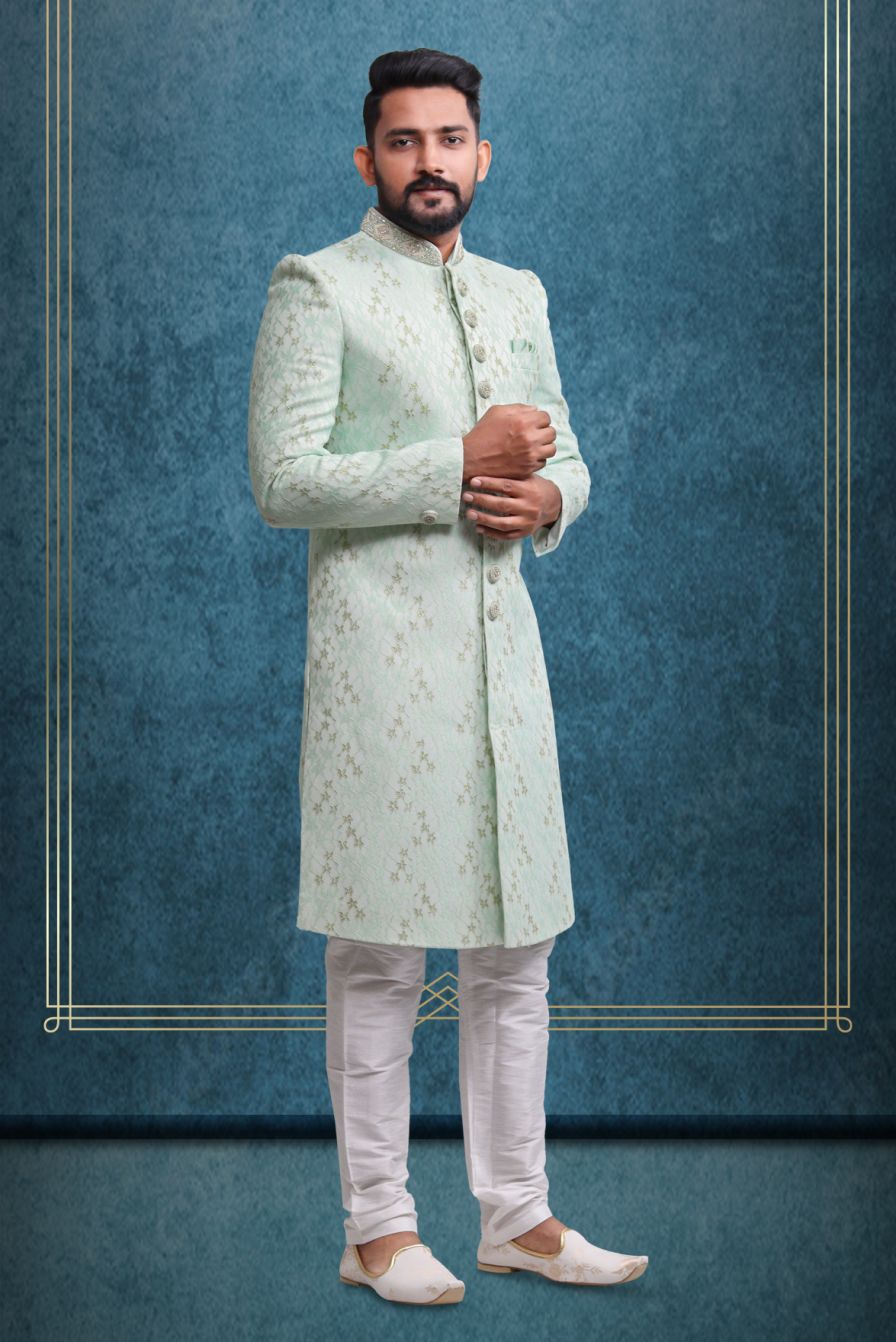 Powder Blue & Gold Fashionable Classic Sherwani