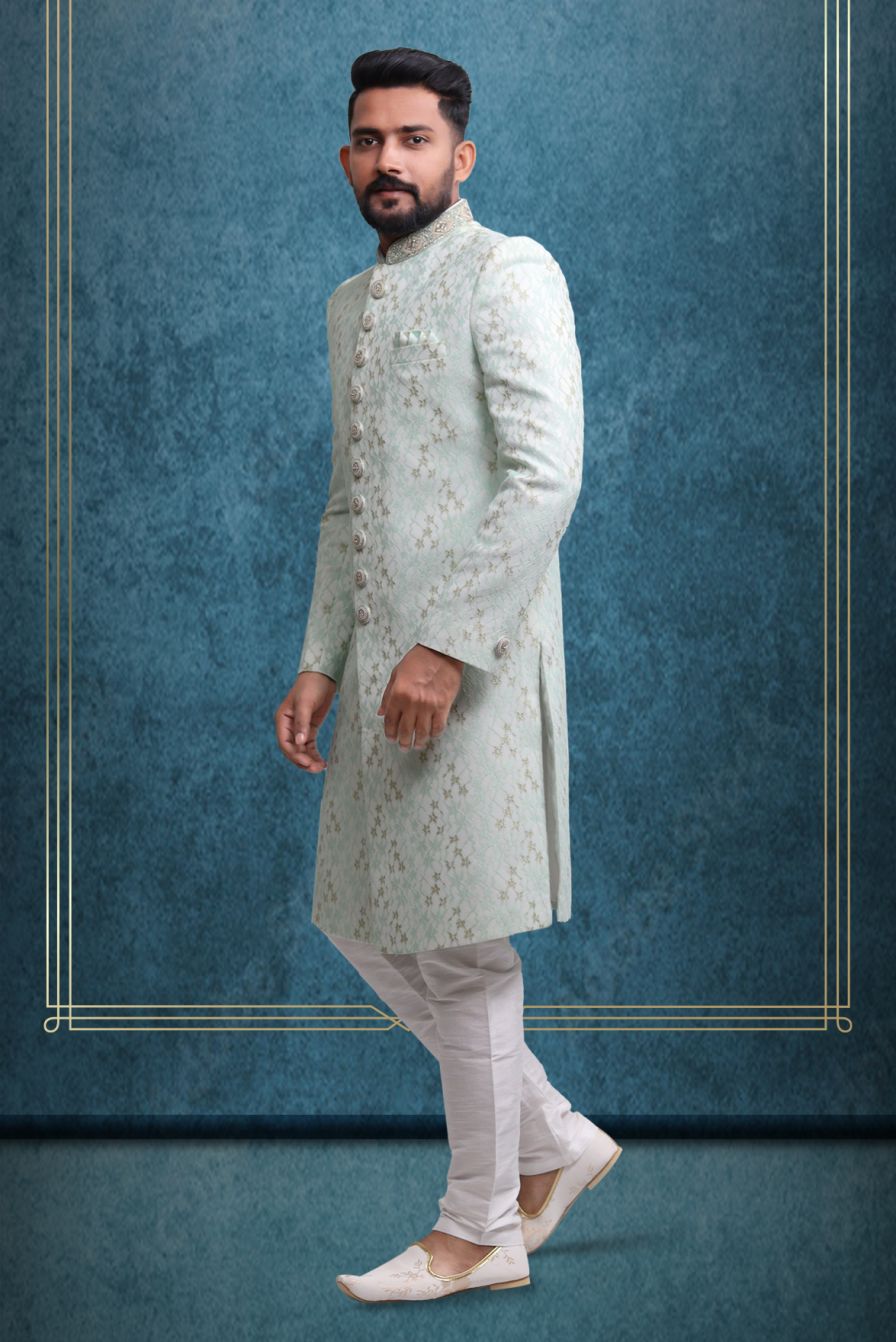 Powder Blue & Gold Fashionable Classic Sherwani