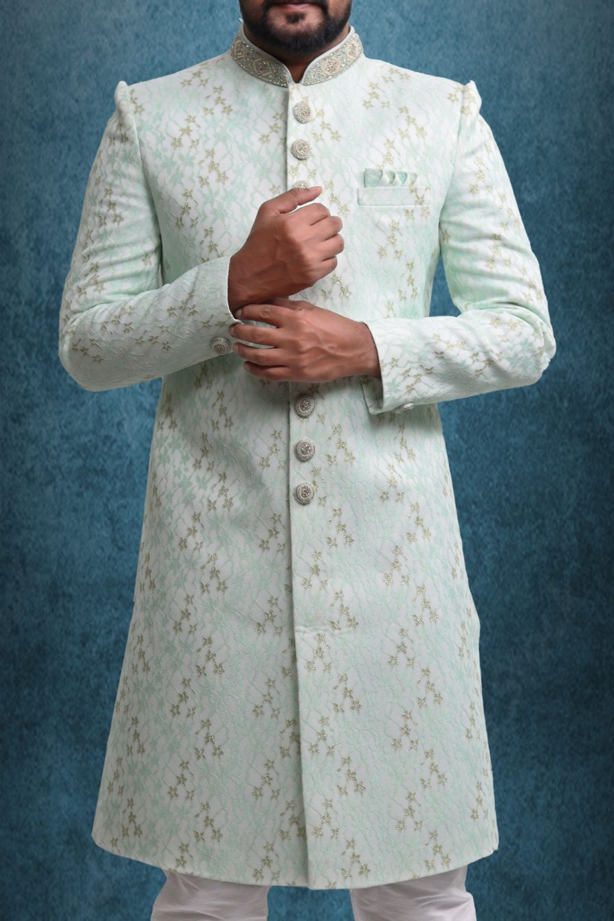 Powder Blue & Gold Fashionable Classic Sherwani