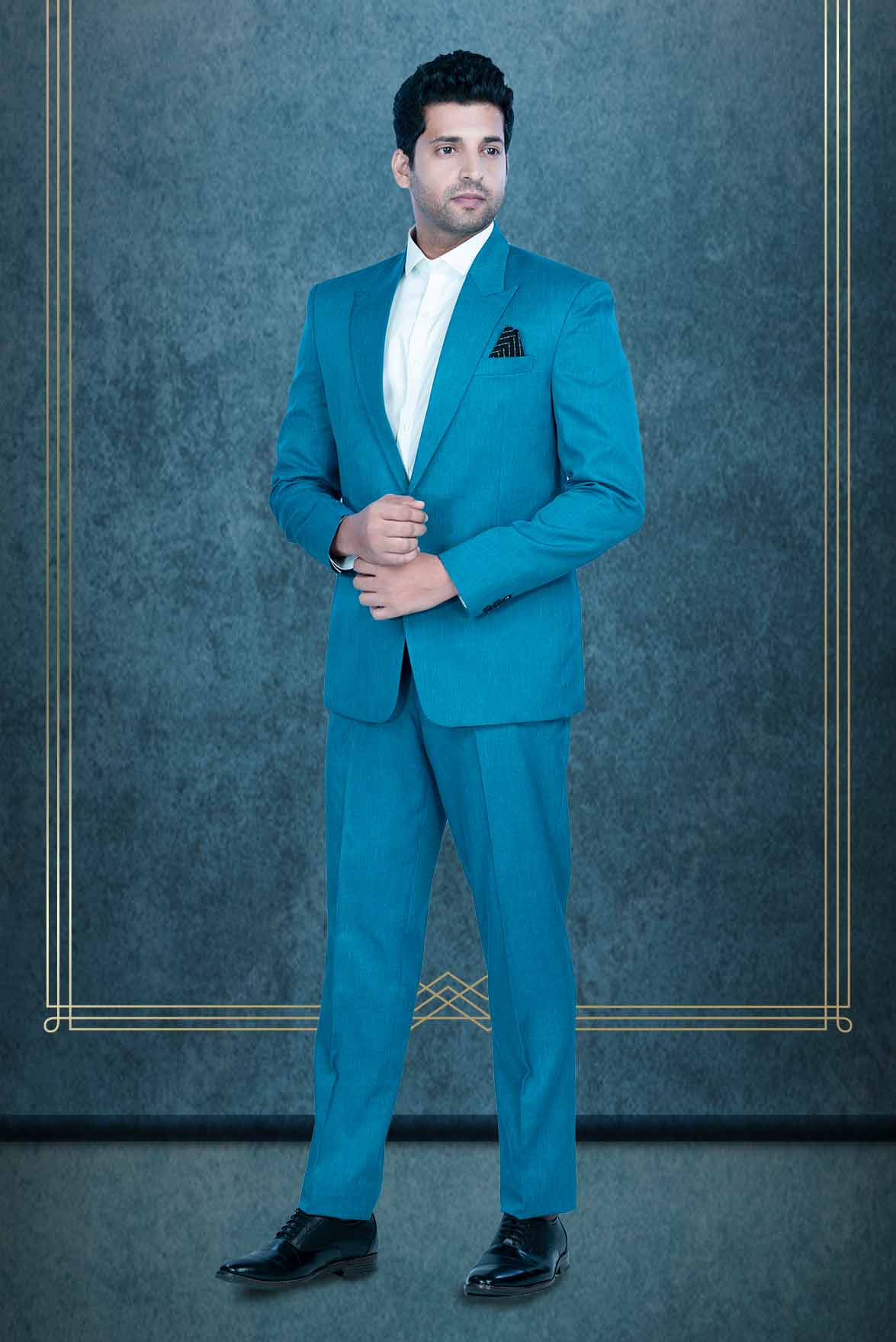 2 Pc Terry Rayon In Peacock Blue Mat Finish 2 Pc Suit