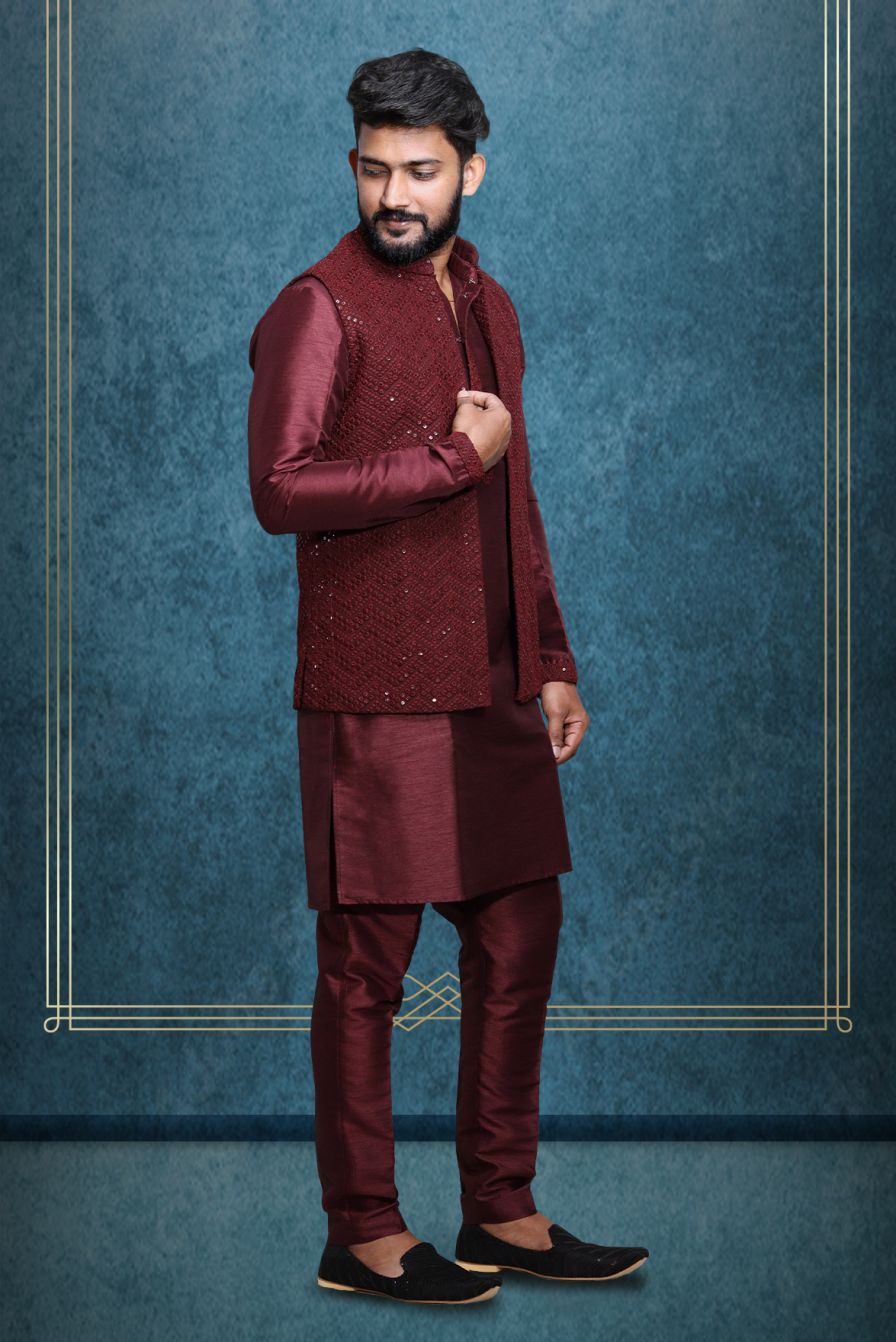 Brownish Maroon Chikankari Kutha Pyjama with Detailed Sleeveless Jacket
