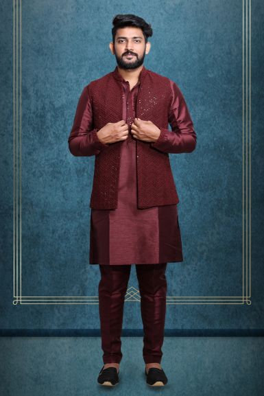 Brownish Maroon Chikankari Kutha Pyjama with Detailed Sleeveless Jacket
