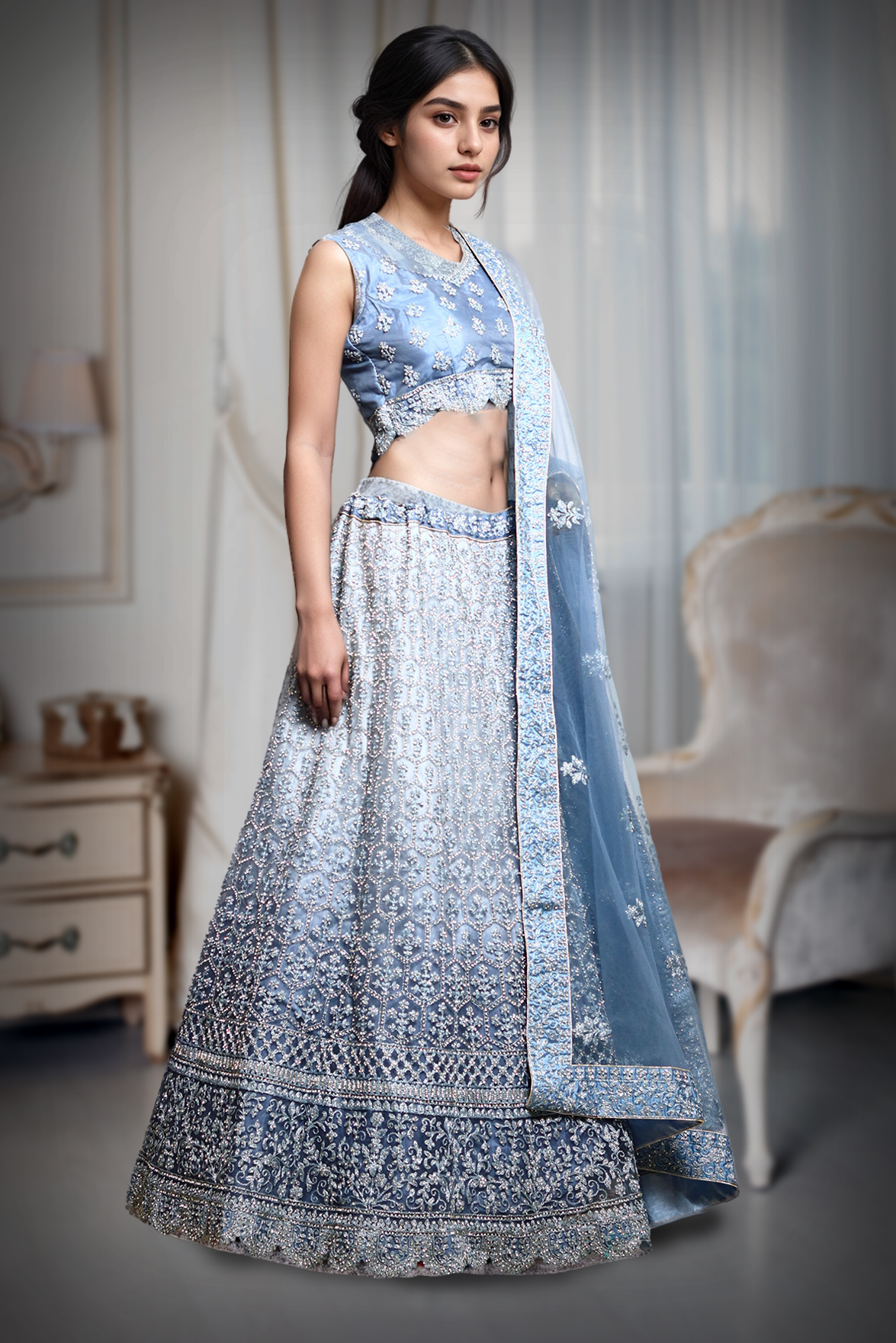 Dark Grey Stone Worked Lehenga With Stone Work Detailing And Same Color Dupatta