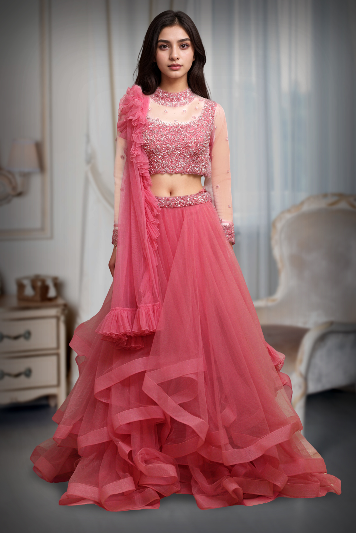 Hot Pink Net Lehenga With Frills Detailing In Skirt And Dupatta Along ...