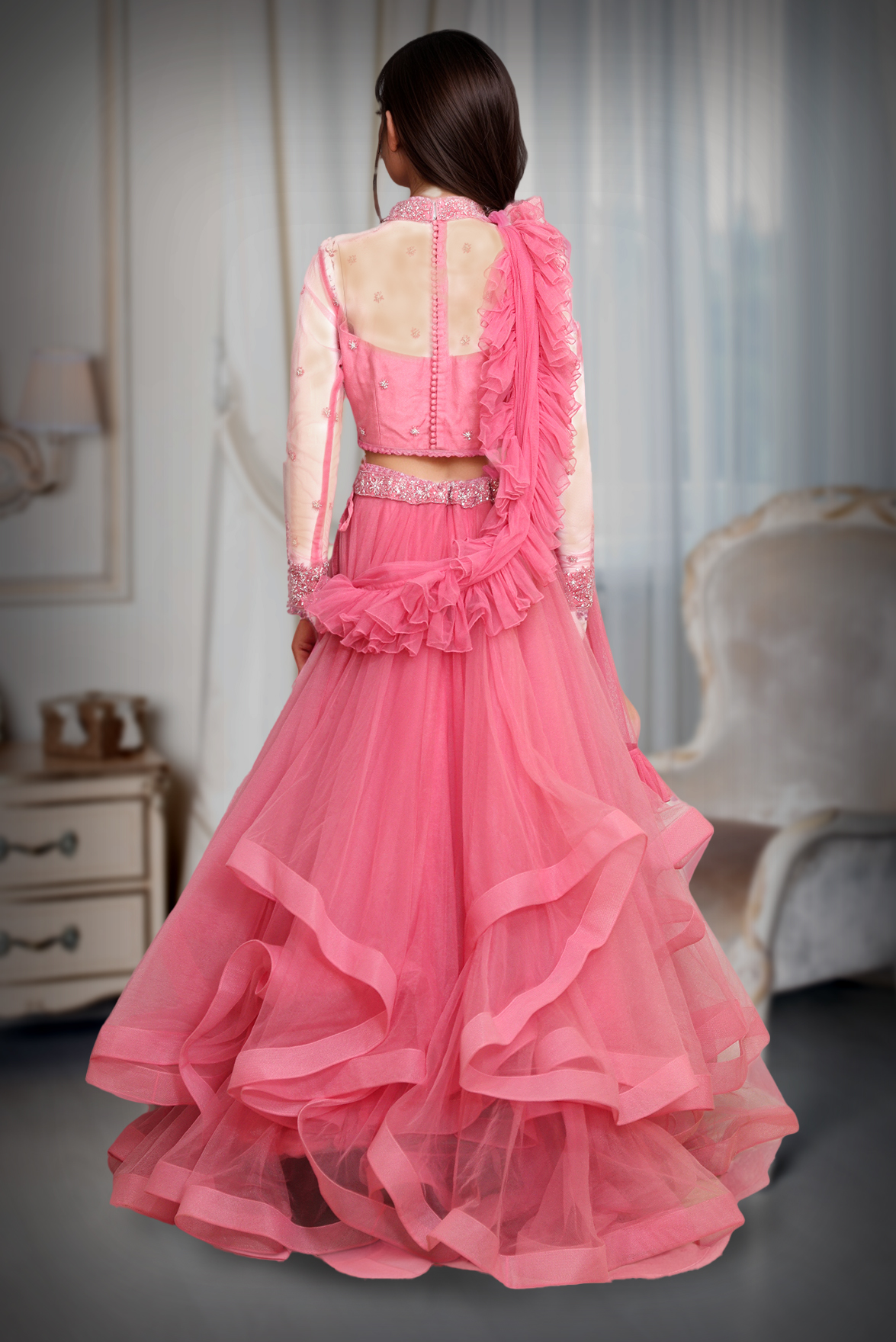 Hot Pink Net Lehenga With Frills Detailing In Skirt And Dupatta Along ...