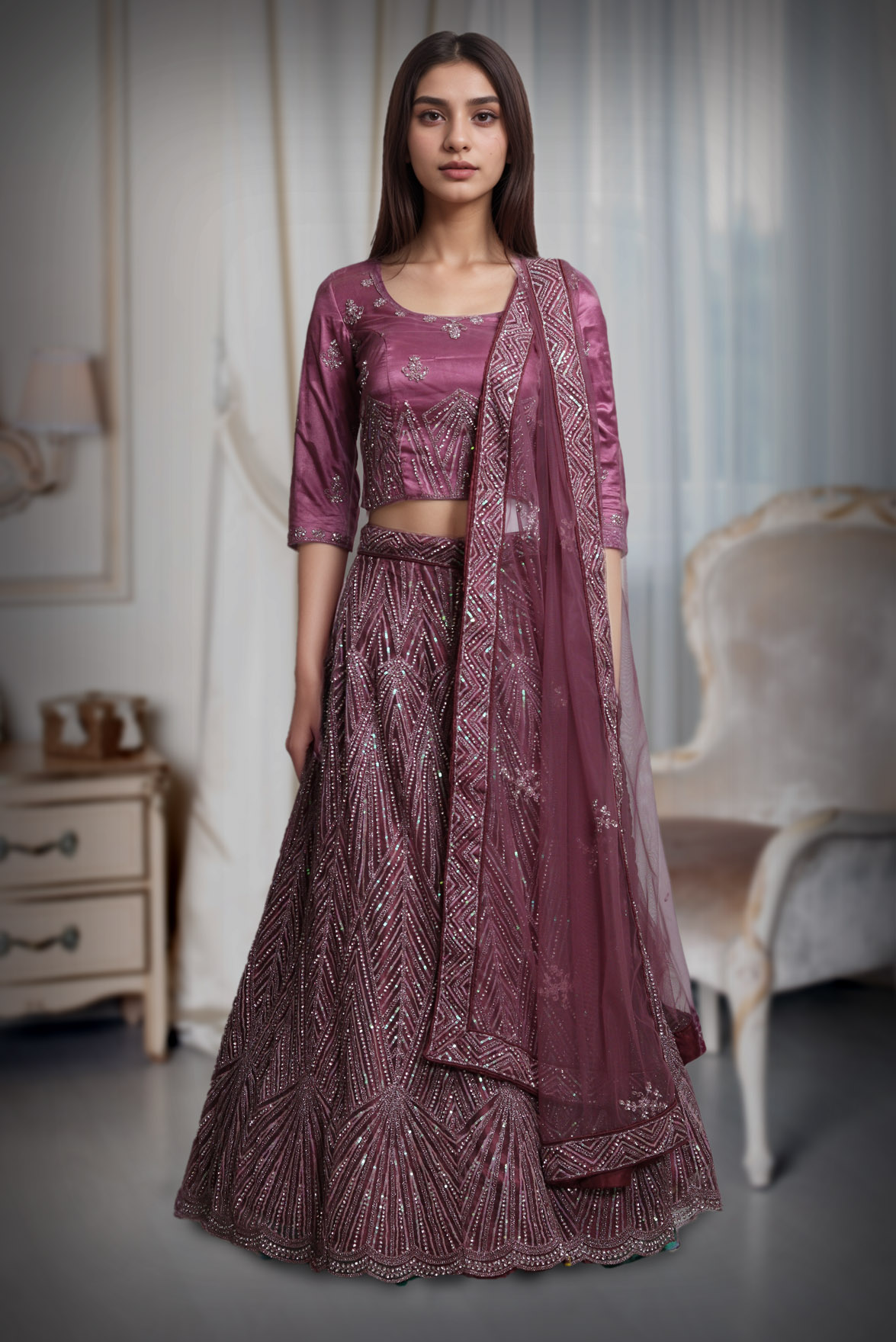 Dark Lavender Net Lehenga With Stone Work Details And Same Color Dupatta
