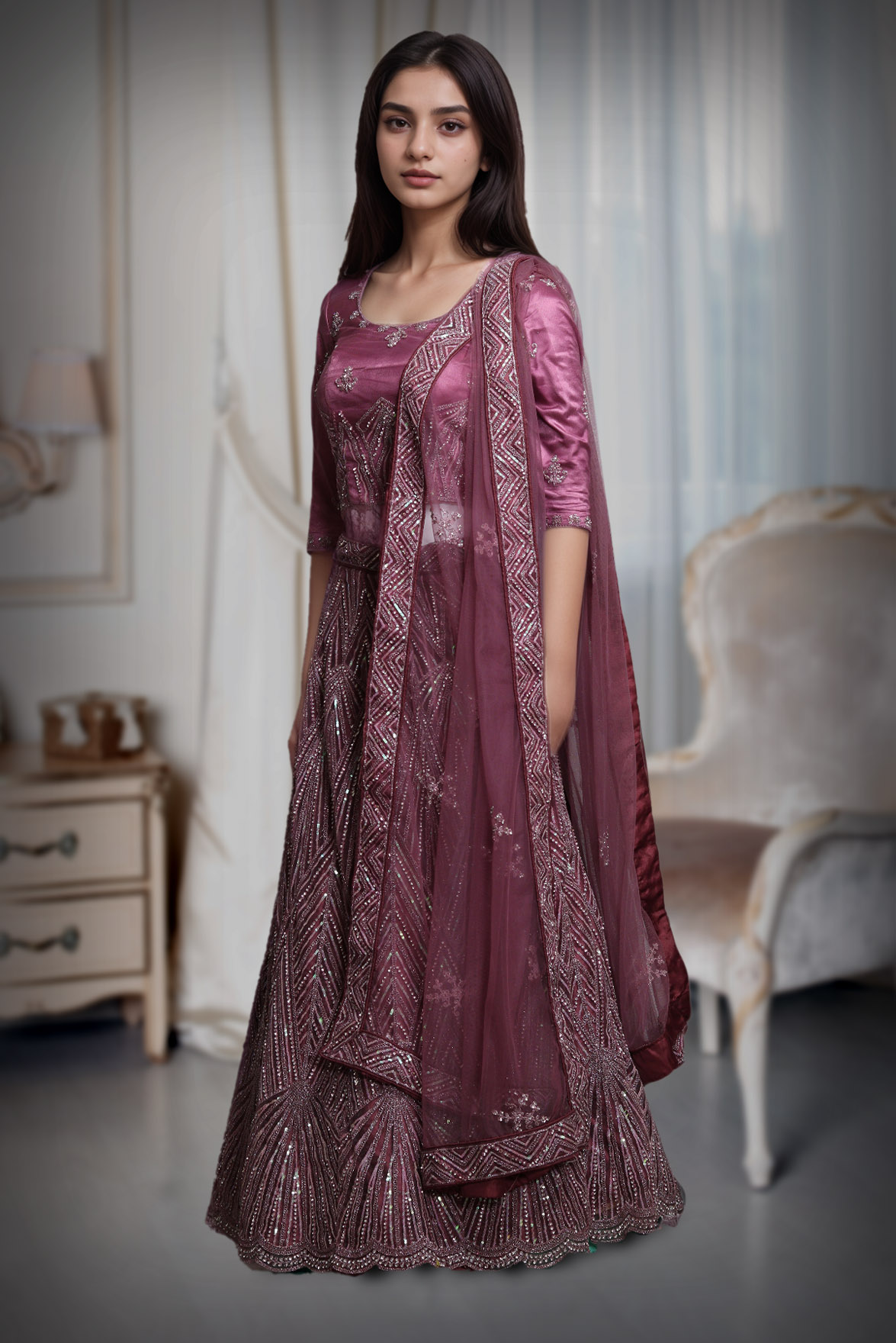 Dark Lavender Net Lehenga With Stone Work Details And Same Color Dupatta