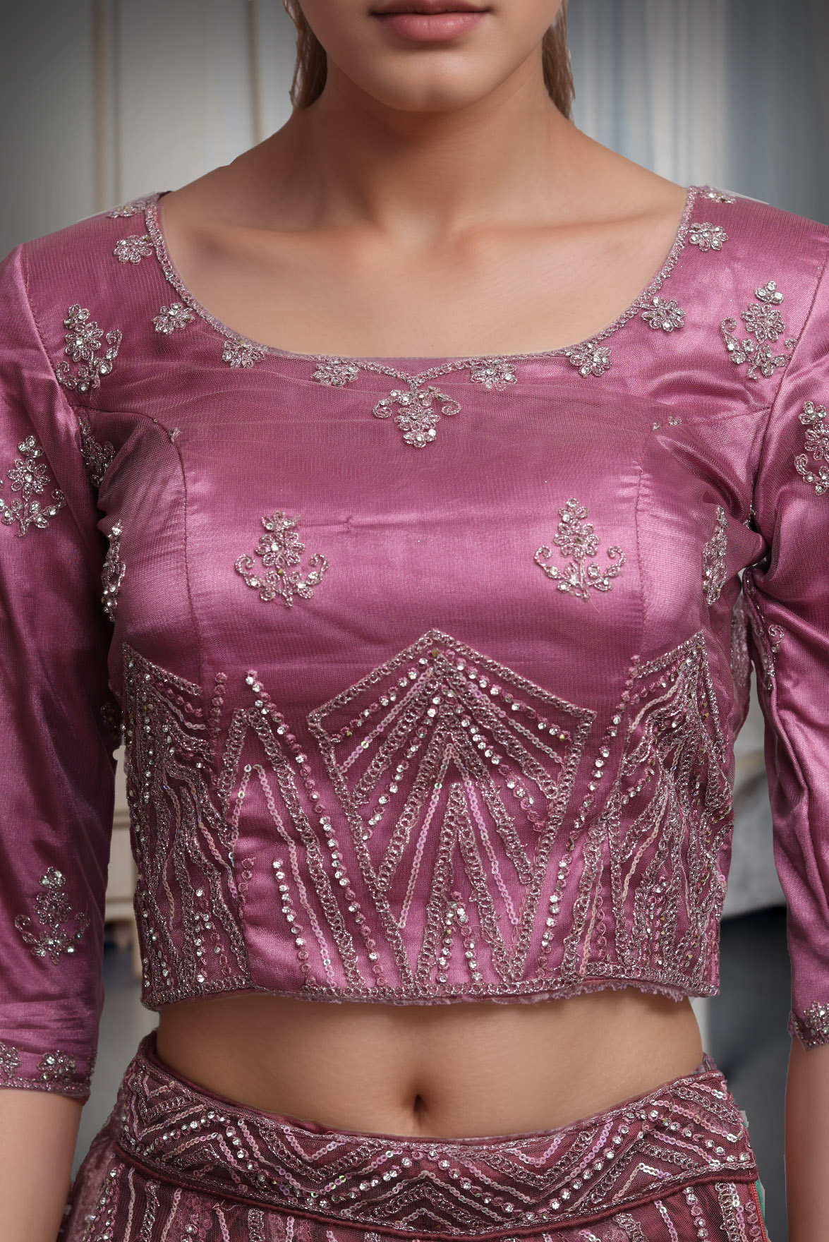 Dark Lavender Net Lehenga With Stone Work Details And Same Color Dupatta