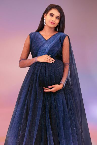 Double shade blue colour gathered gown