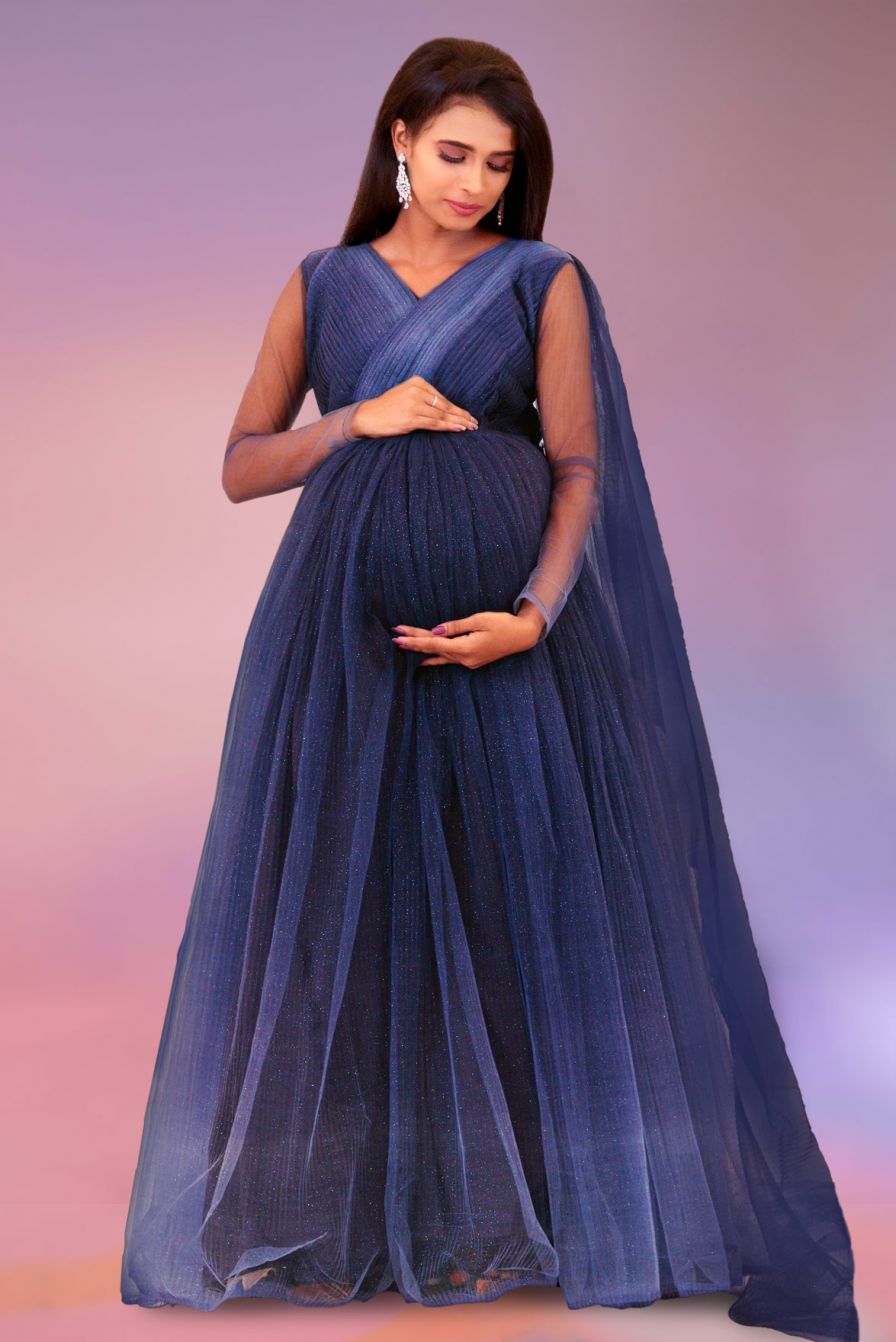 Double shade blue colour gathered gown