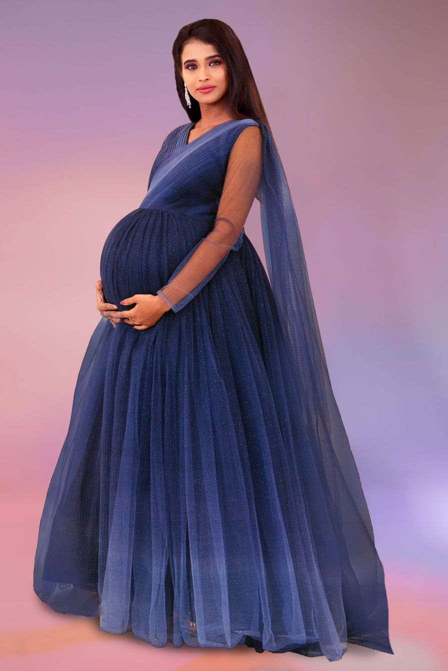 Double shade blue colour gathered gown