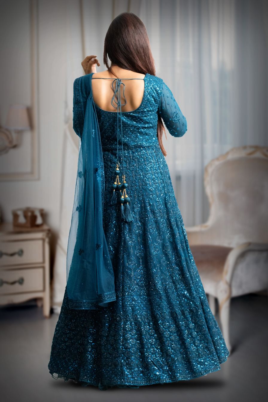 Spruce blue colour shimmery full sleeve gown with same colour dupatta