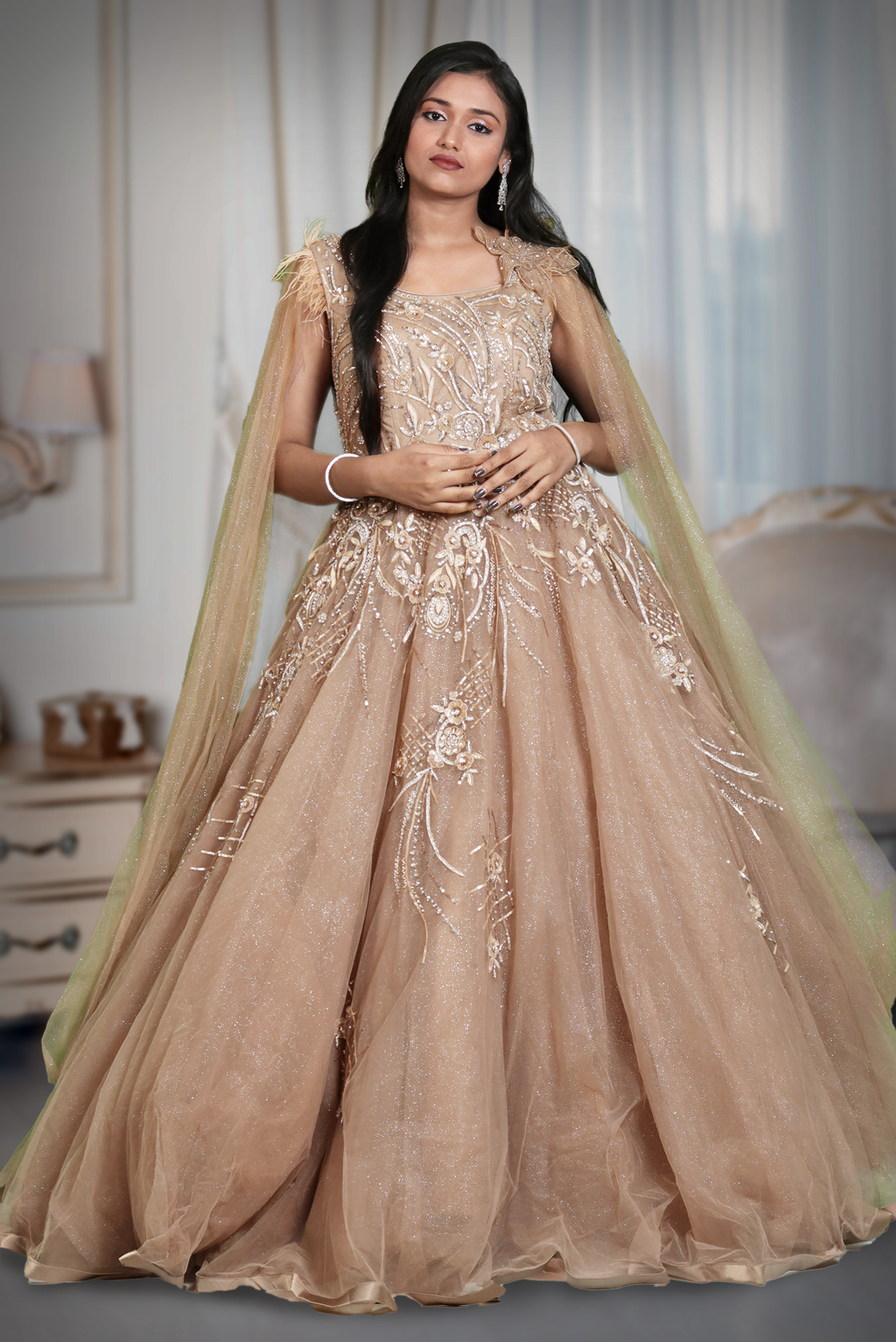 Light brown glitter net trail sleeve gown