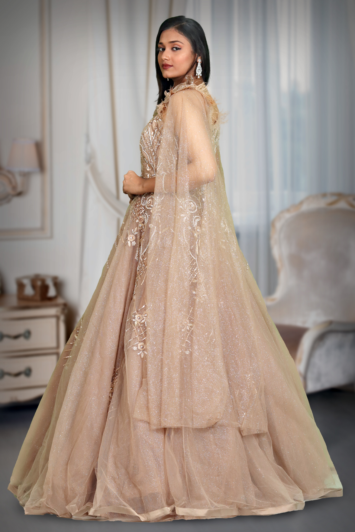 Light brown glitter net trail sleeve gown