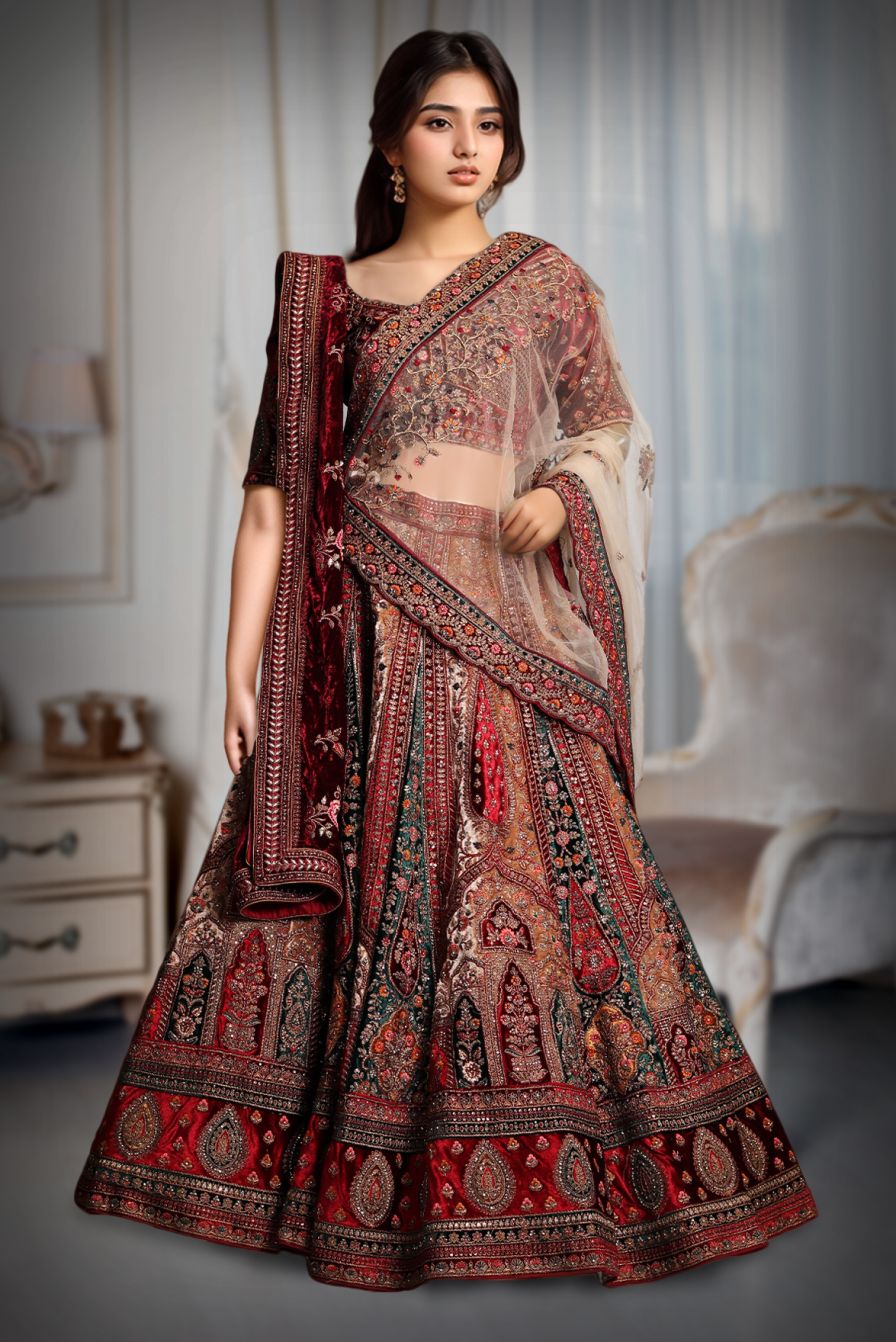 Maroon And Ivory Heavy Embroidered Velvet Lehenga With Maroon Blouse ...