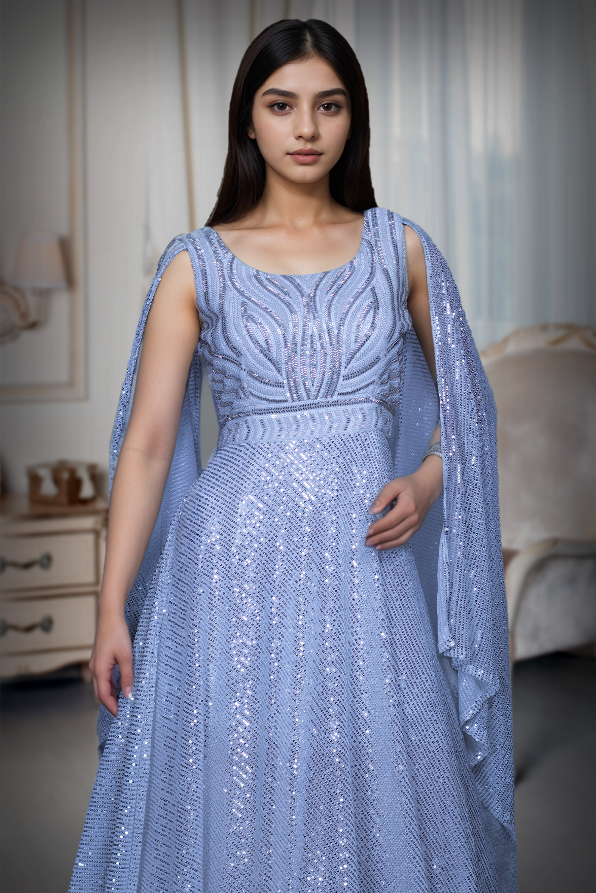 White Sequin Worked Gown With Single Hand Cape Sleeve Details