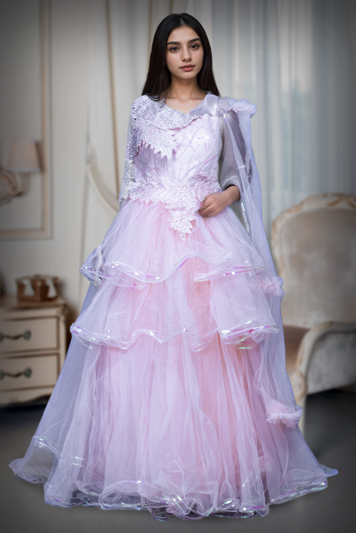 Pastel Peach Layered Net Gown With Detailed Work In Yoke Part