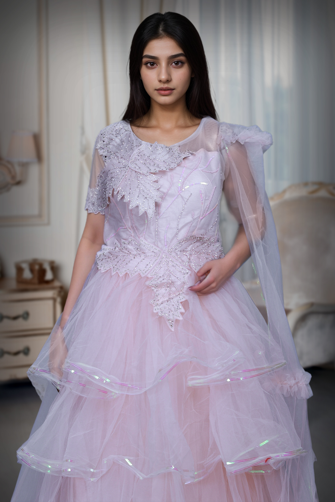 Pastel Peach Layered Net Gown With Detailed Work In Yoke Part