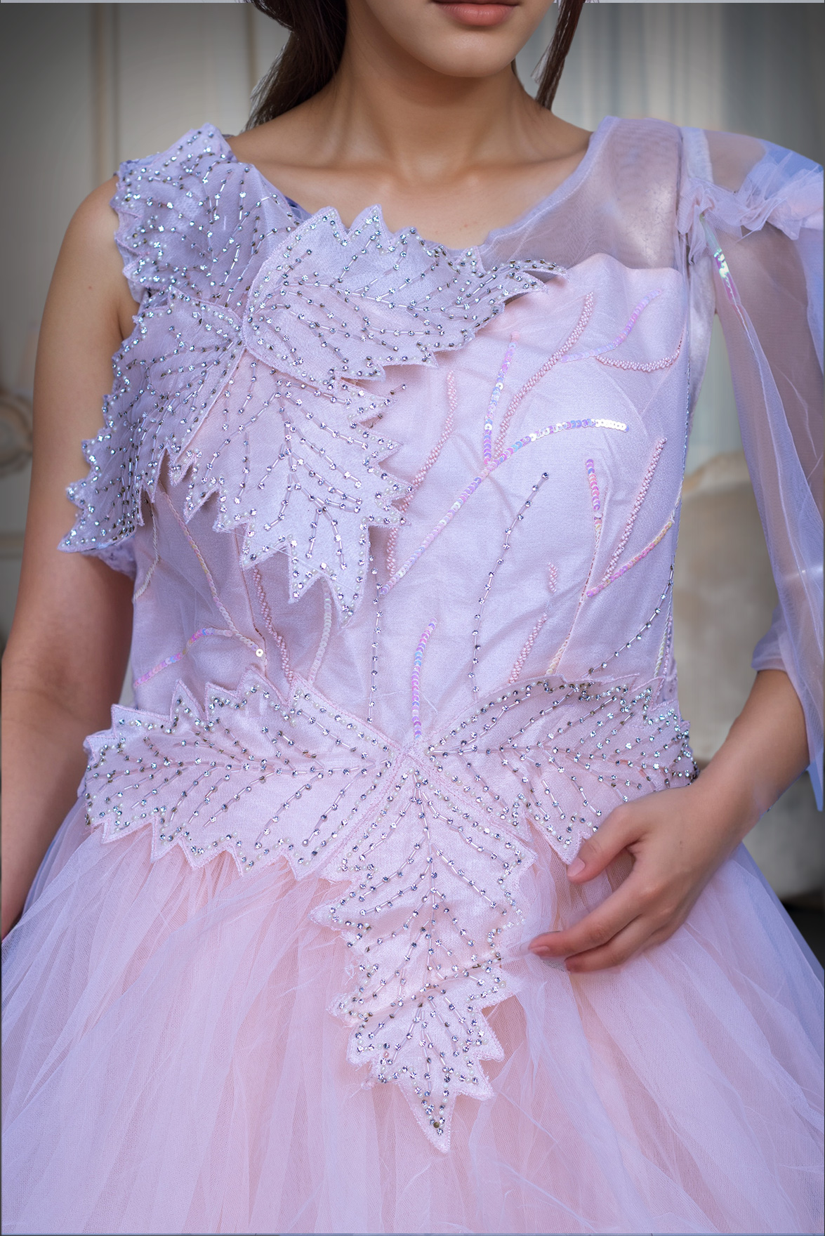 Pastel Peach Layered Net Gown With Detailed Work In Yoke Part