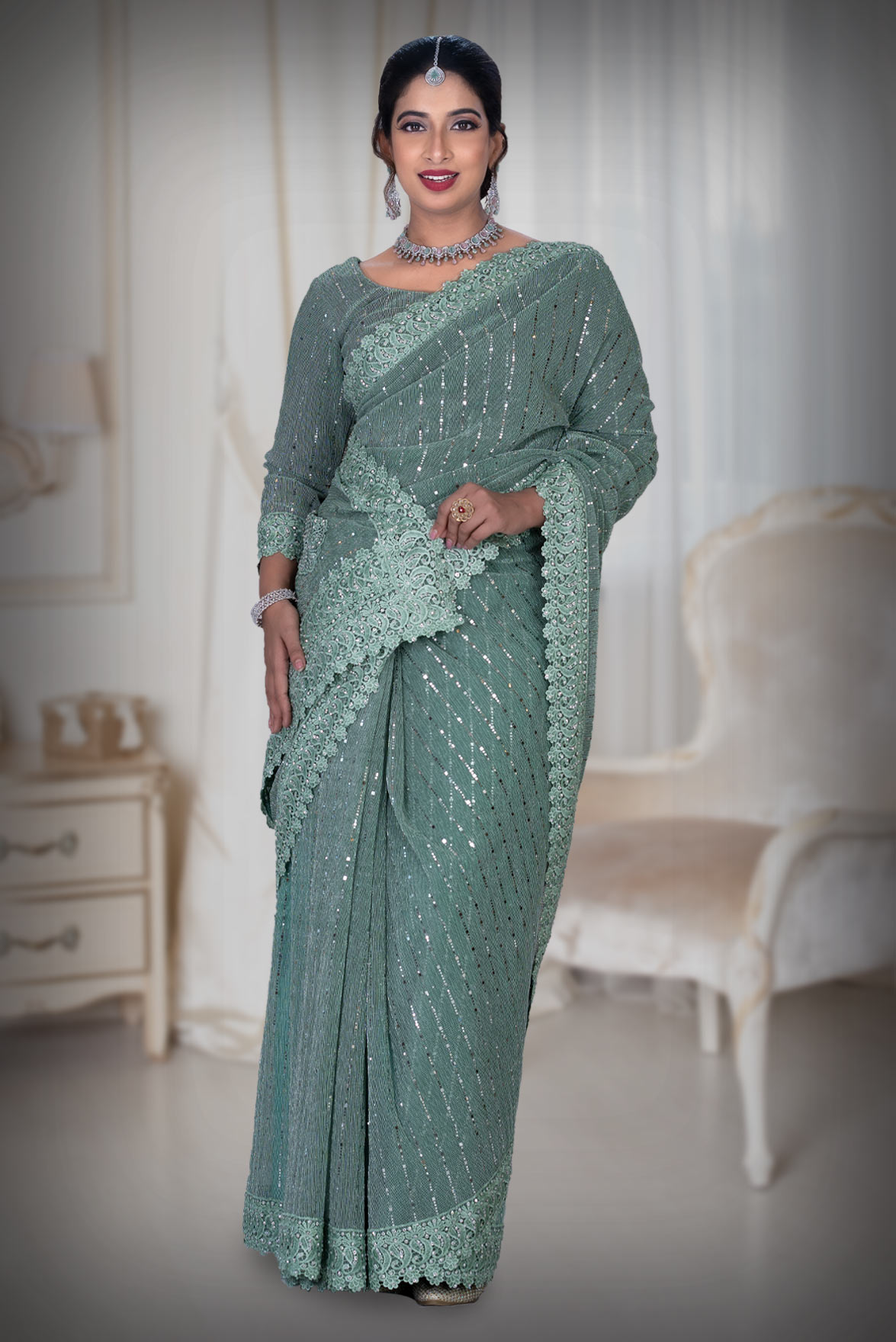 Russian Green Glitter Net Saree