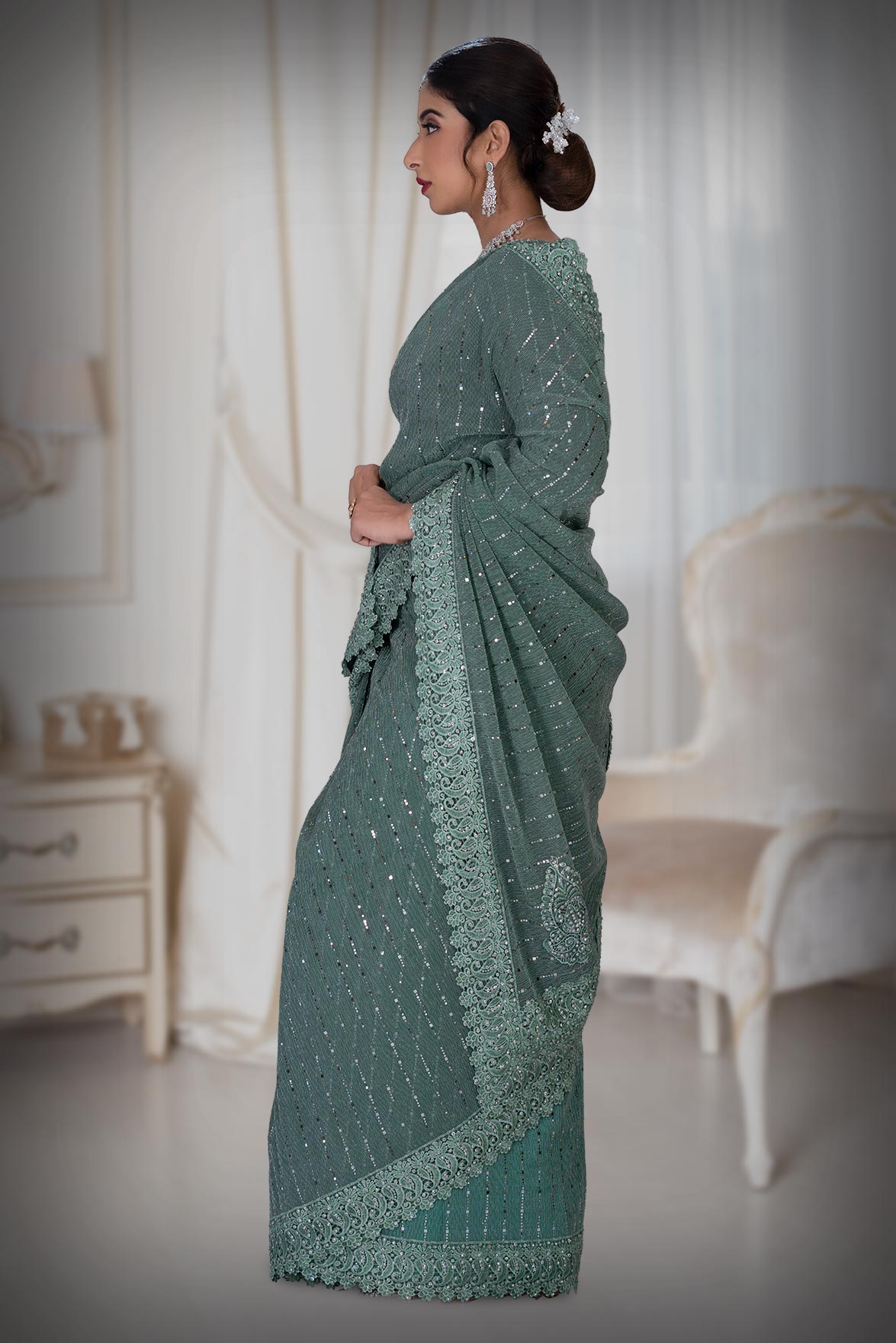 Russian Green Glitter Net Saree