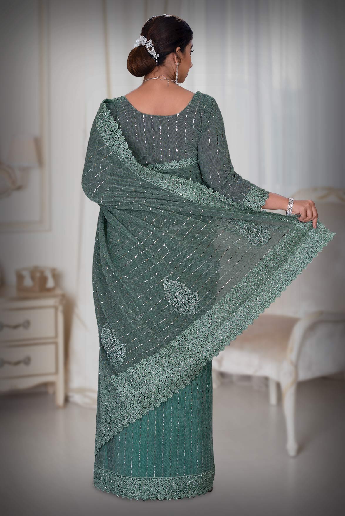Russian Green Glitter Net Saree