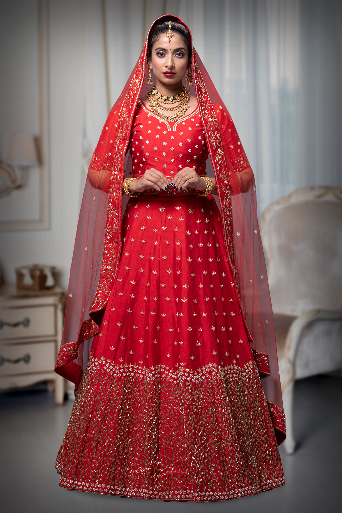 Rent or Buy Red Moti Work Lehenga from PoshRobe