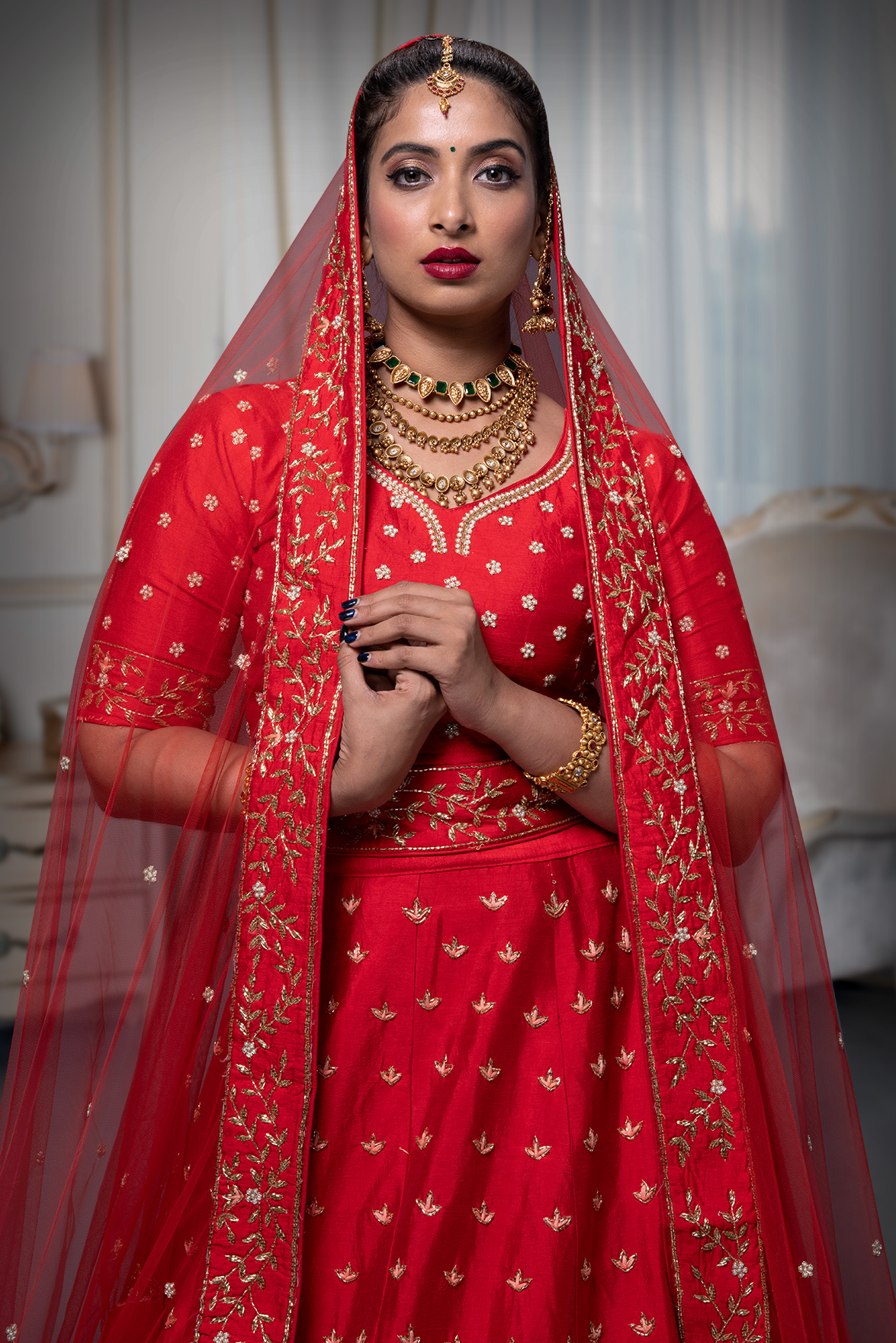Rent or Buy Red Moti Work Lehenga from PoshRobe